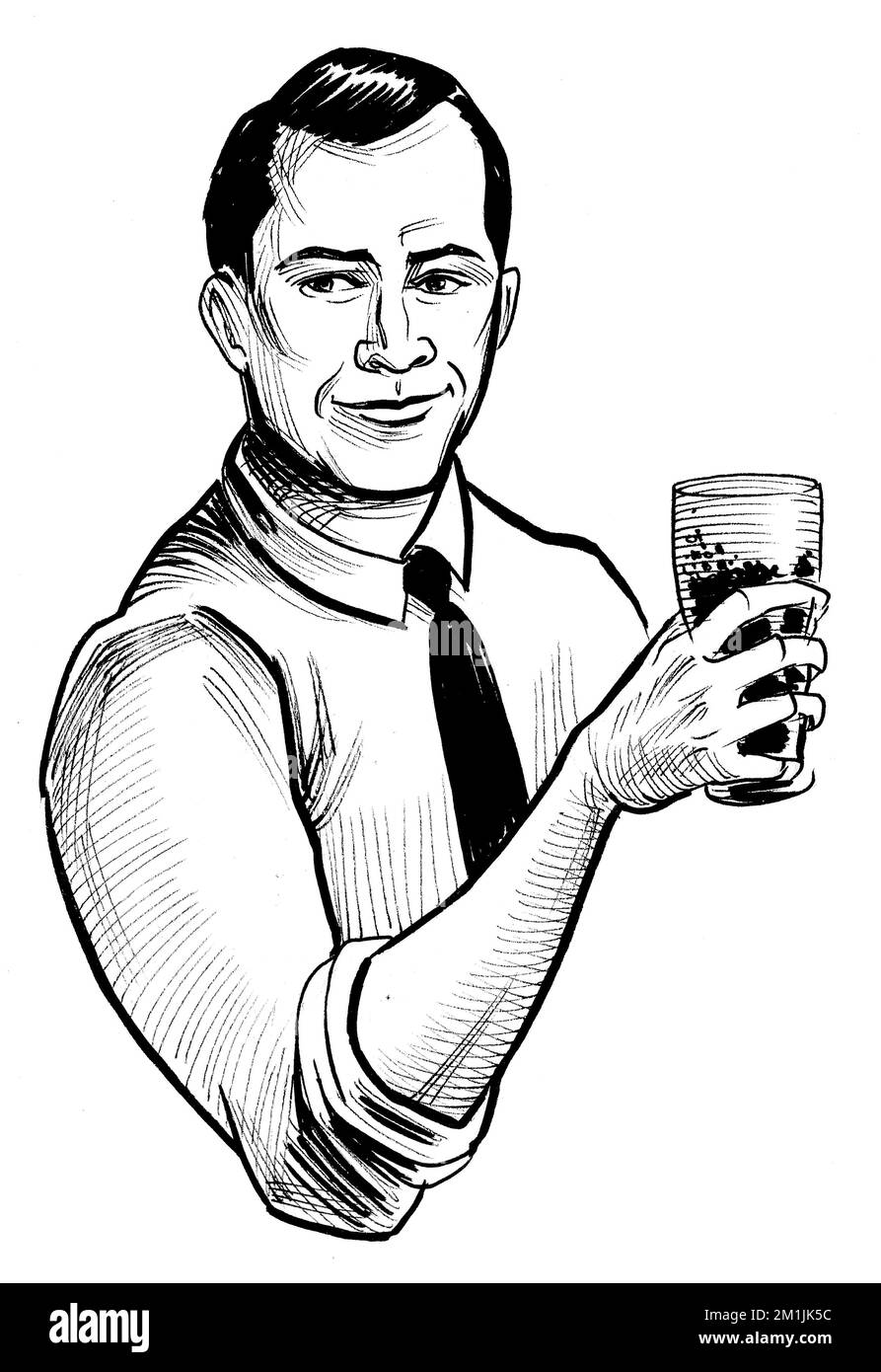 Happy man drinking a glass of beer. Ink black and white drawing Stock ...