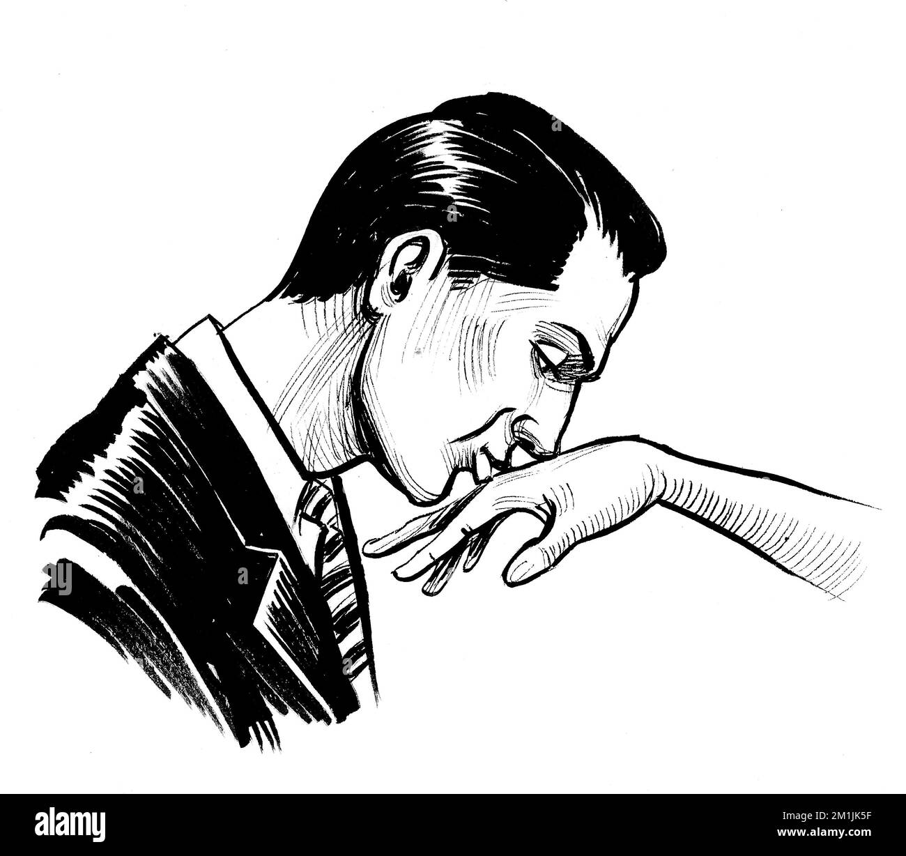 Gentleman kissing lady's hand. Ink black and white drawing Stock Photo ...