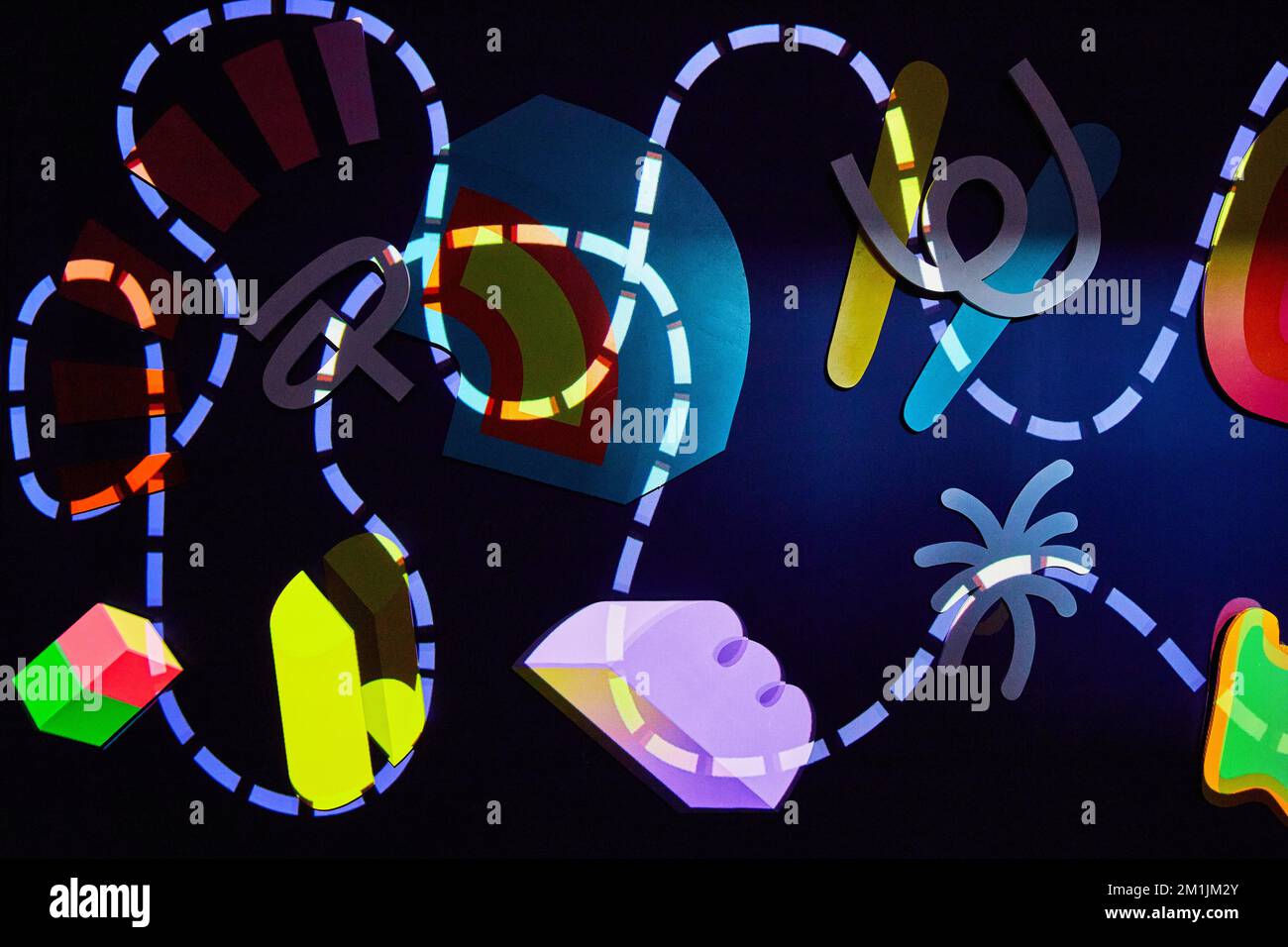 Dashed line and shapes abstract on wall in lights Stock Photo - Alamy