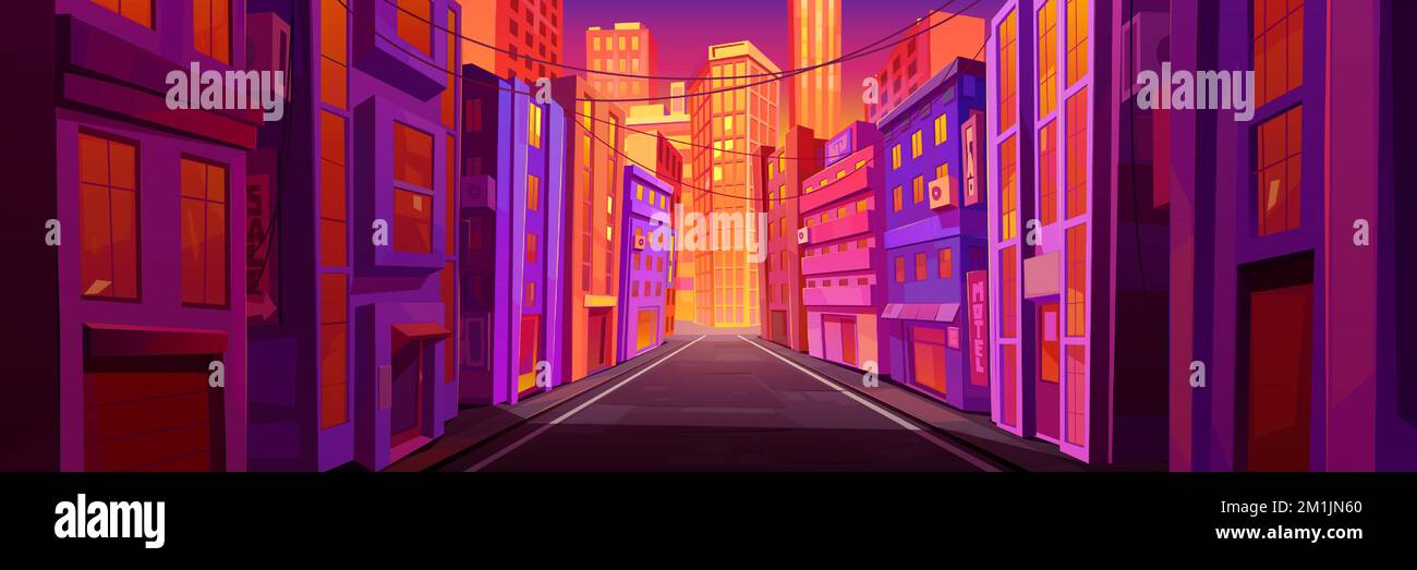 Empty morning city street at sunrise. Vector cartoon illustration of ...