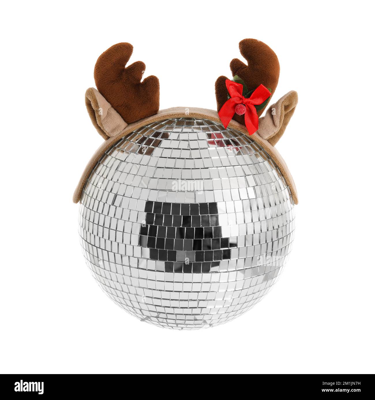 Disco ball with reindeer horns on white background Stock Photo - Alamy