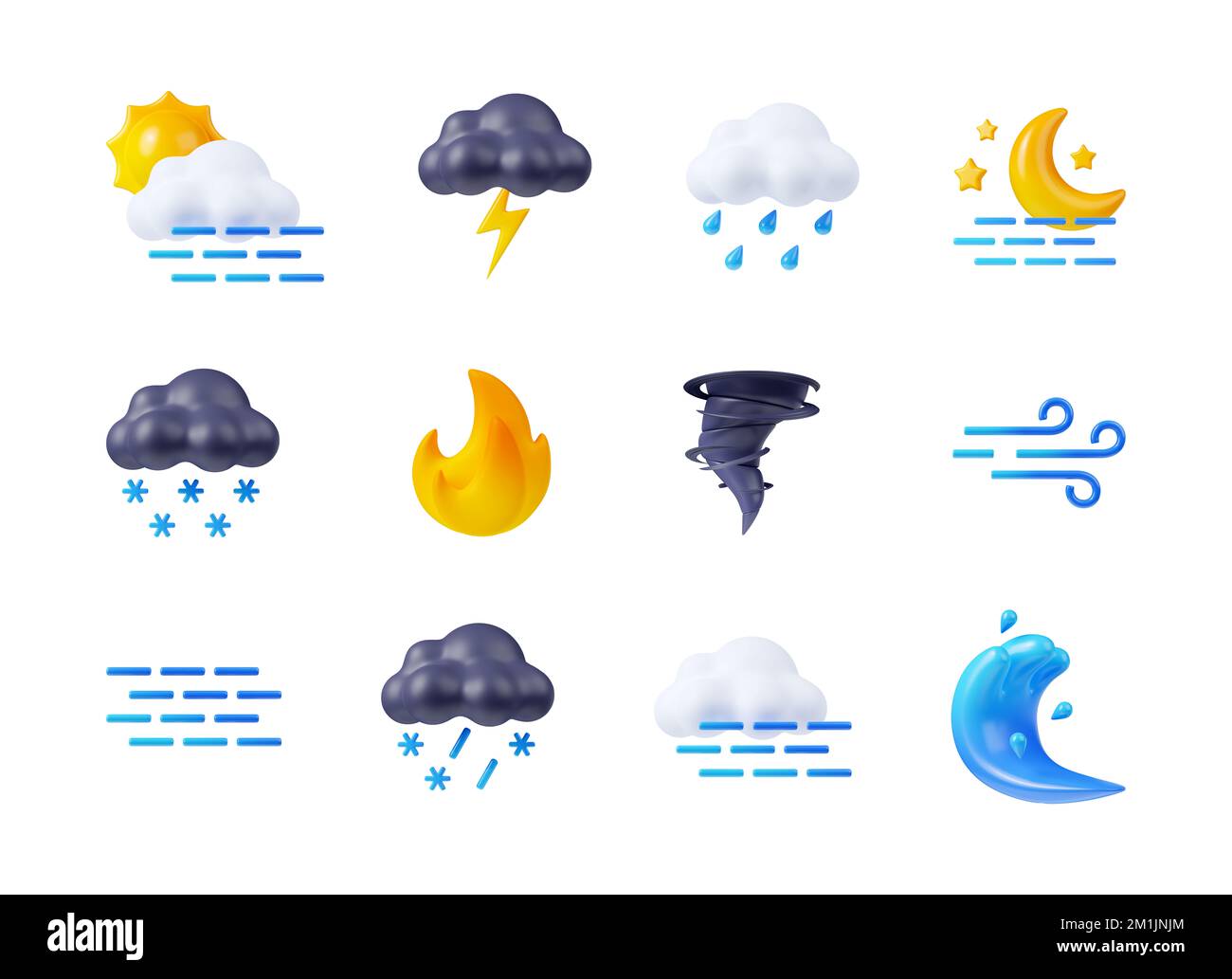 3d render weather icons set, sun, clouds, fog, lightnings and snow or ...