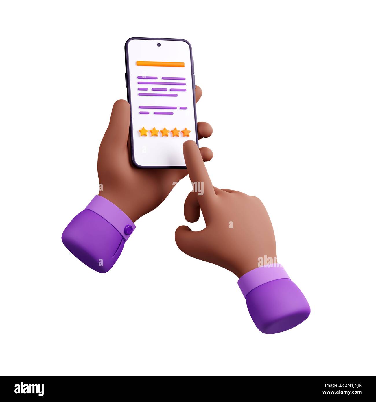 3d render customer leave feedback on phone screen. Black hand holding ...