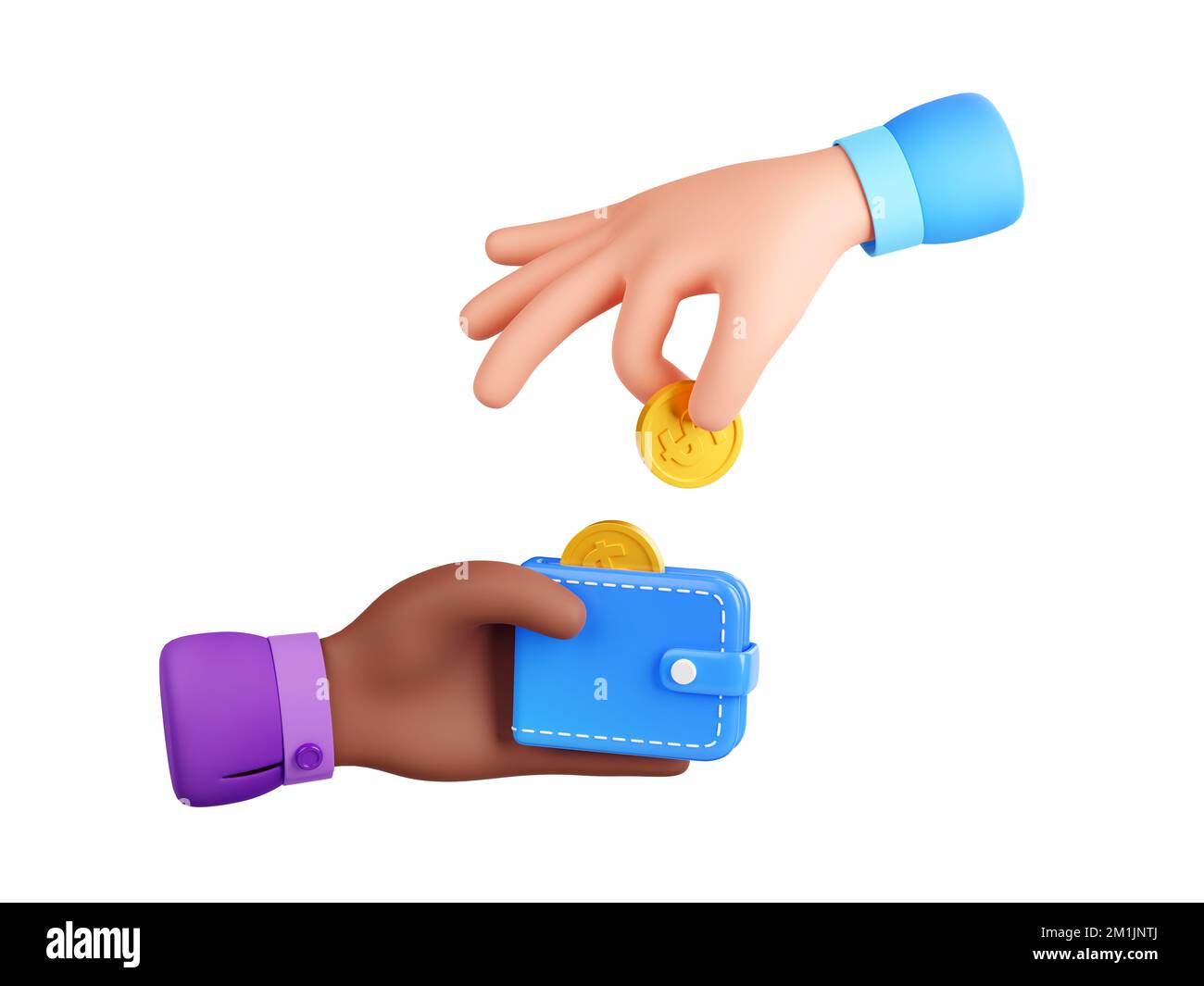 3d render white hand put coin into wallet in black hand. Person save or ...