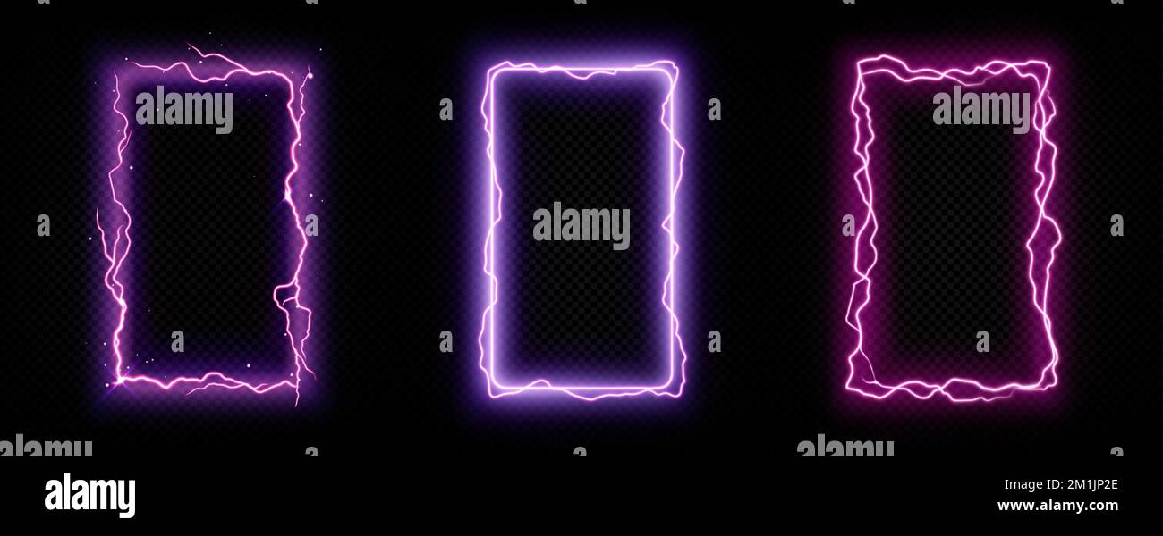 Rectangle frames with purple lightnings, electric energy strikes on ...