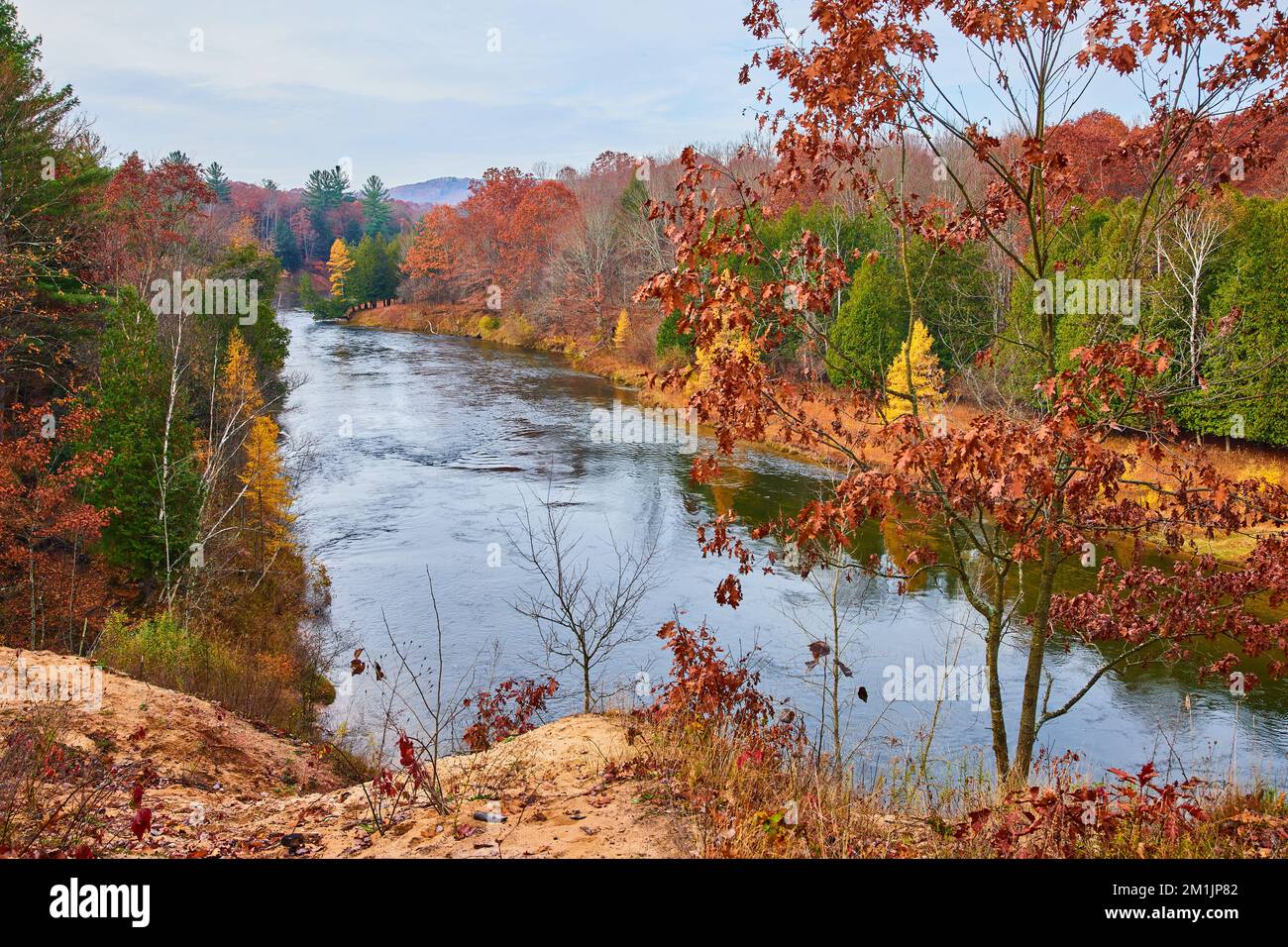 River in Michigan's late fall with colorful foliage and green pines ...