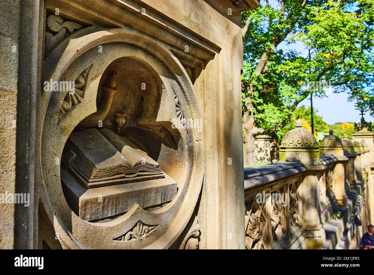 Detail of open book limestone sculpture in Central Park New York City ...