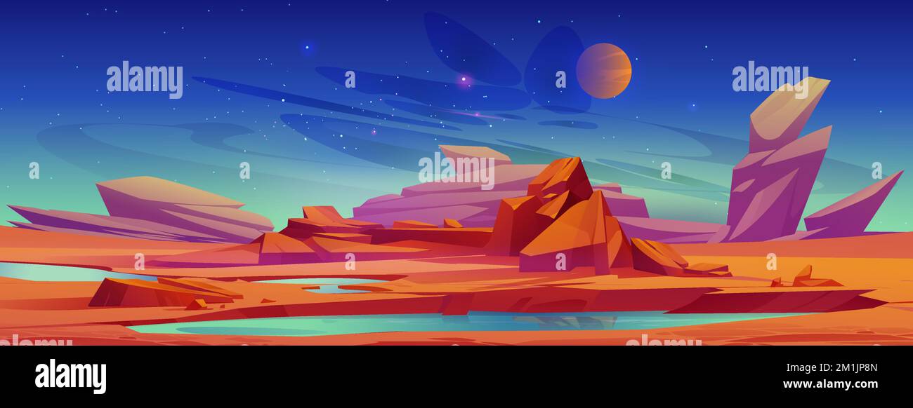 Mars surface, alien planet landscape with water pond, rocks and stars ...