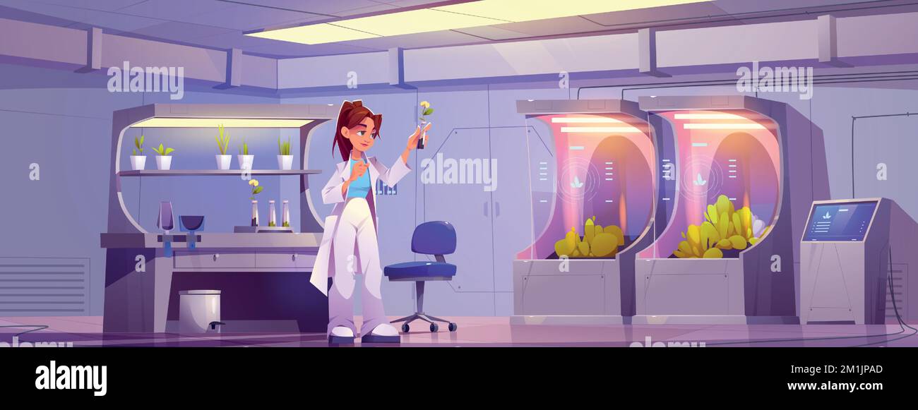 Woman scientist in laboratory learning plants using futuristic ...