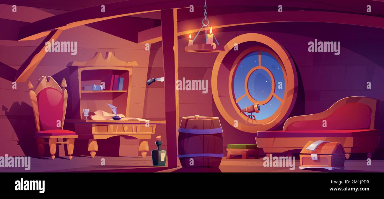 Pirate captain ship cabin. Wooden room interior with corsair stuff ...