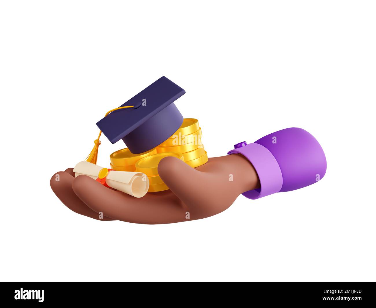 3d render hand with money, diploma and academic cap. Human palm with ...