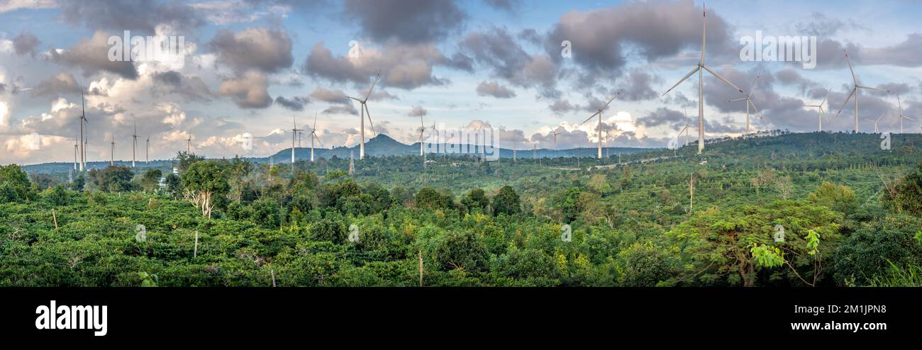 Panoramic shot of wind turbines generating electricity, wind farm in Ea ...