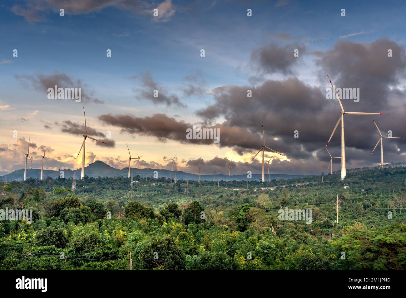 Panoramic shot of wind turbines generating electricity, wind farm in Ea ...