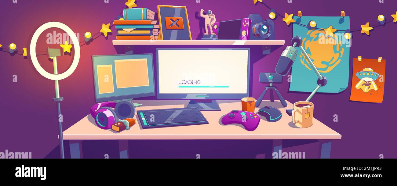 Workplace of game streamer or blogger. Room interior with computer on ...