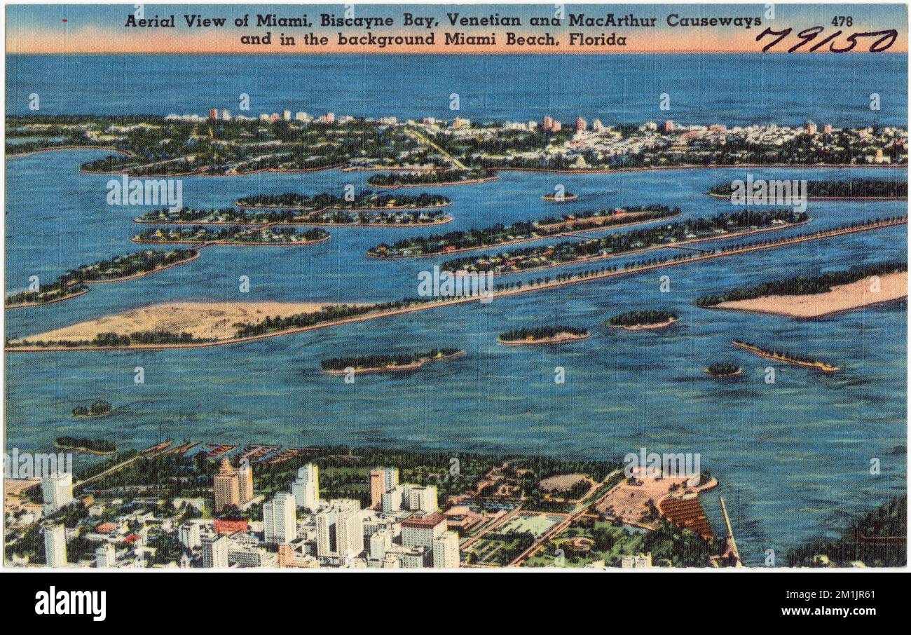 Aerial view of Miami Biscayne Bay, Venetian and MacArthur Causeways and ...