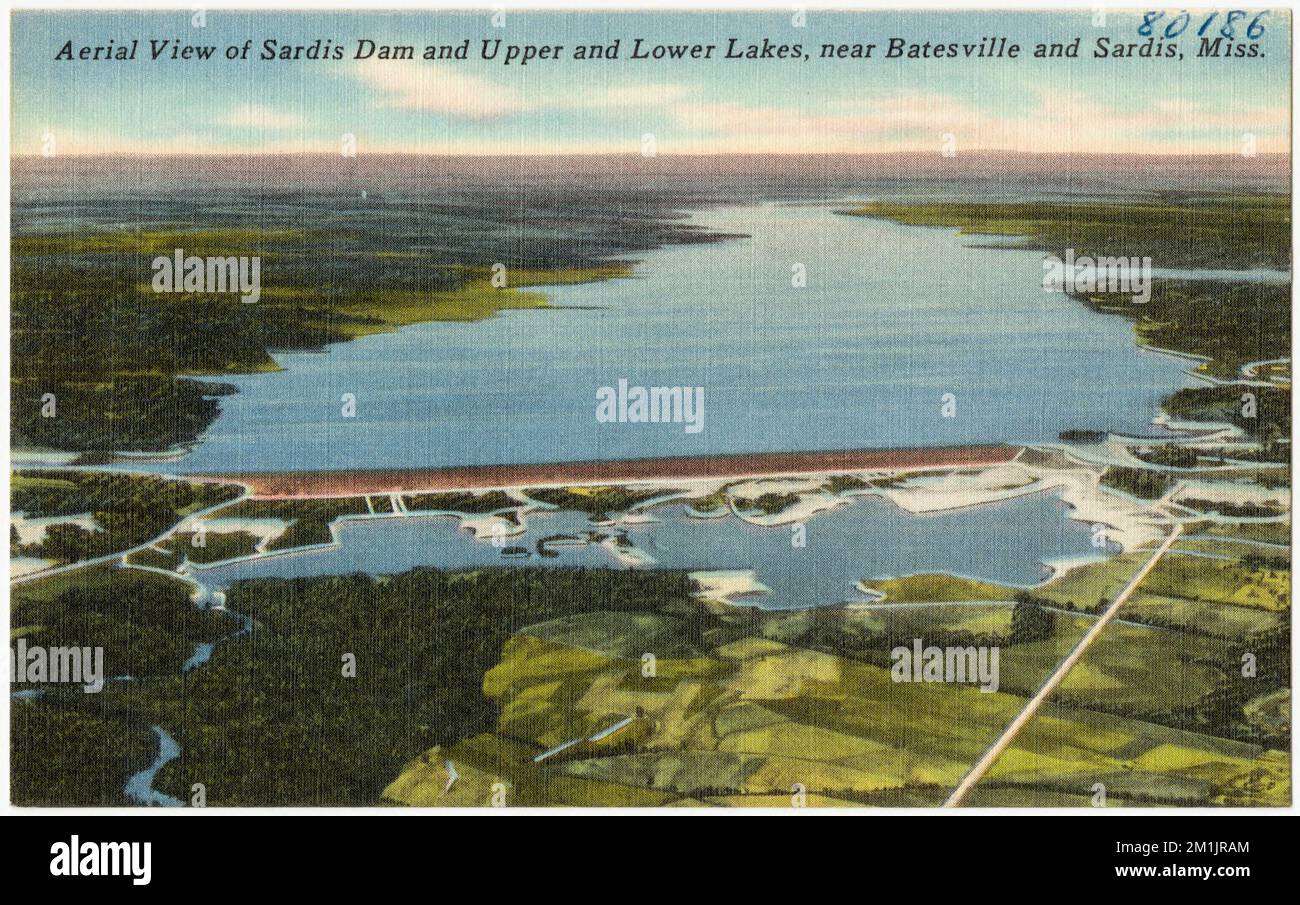 Aerial view of Sardis Dam and upper and lower lakes, near Batesville ...