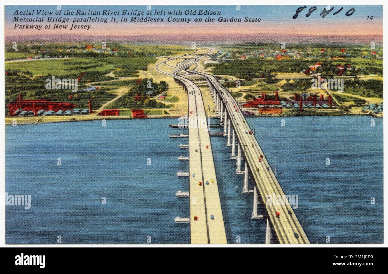Aerial view of the Raritan River Bridge at left with Old Edison ...