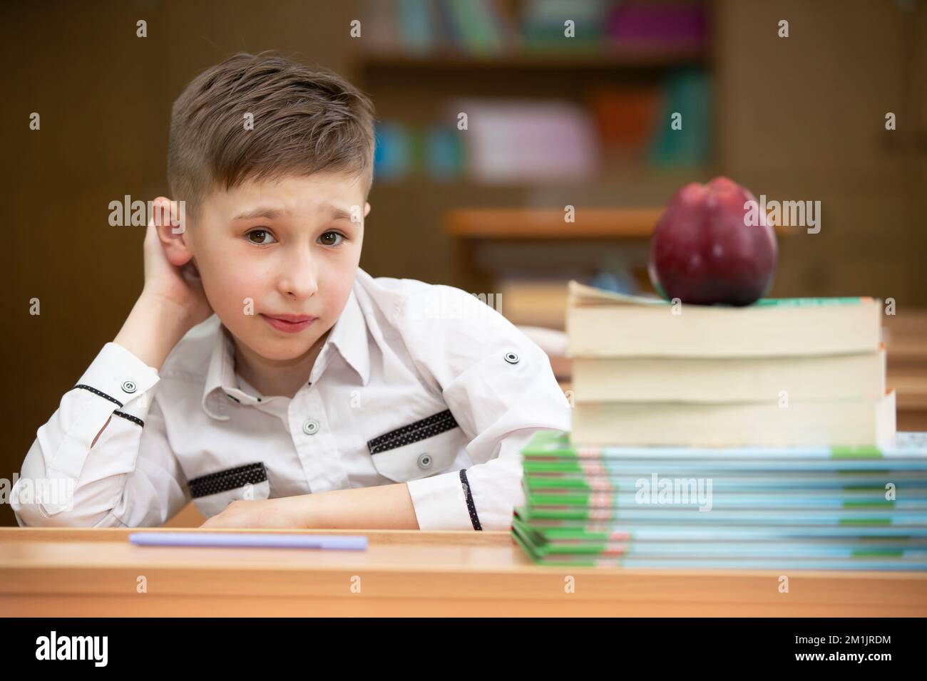 Funny schoolboy at the desk. Boy in the classroom with books and an ...