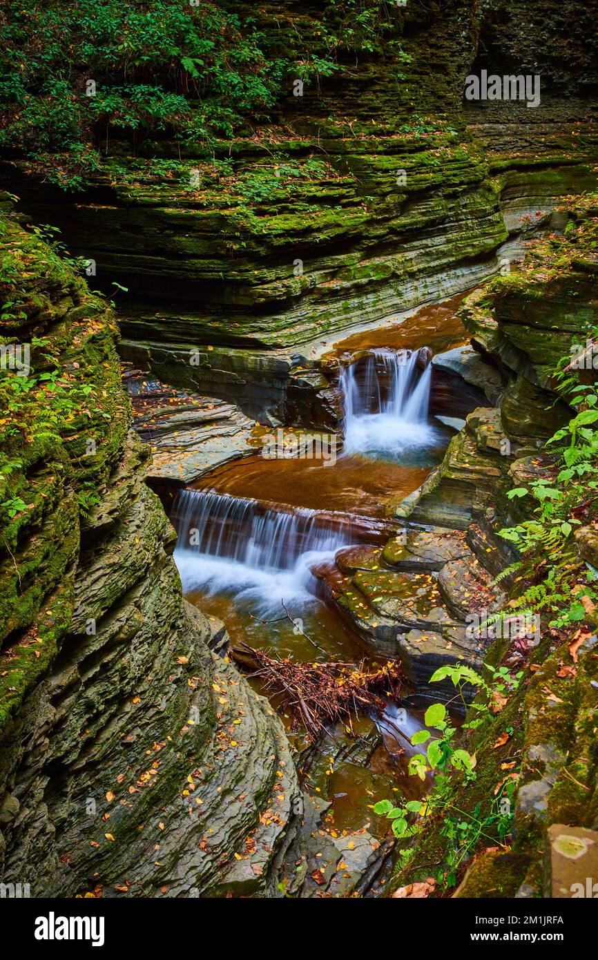 Mossy layers of rocks in canyon surround simple river with layers of ...