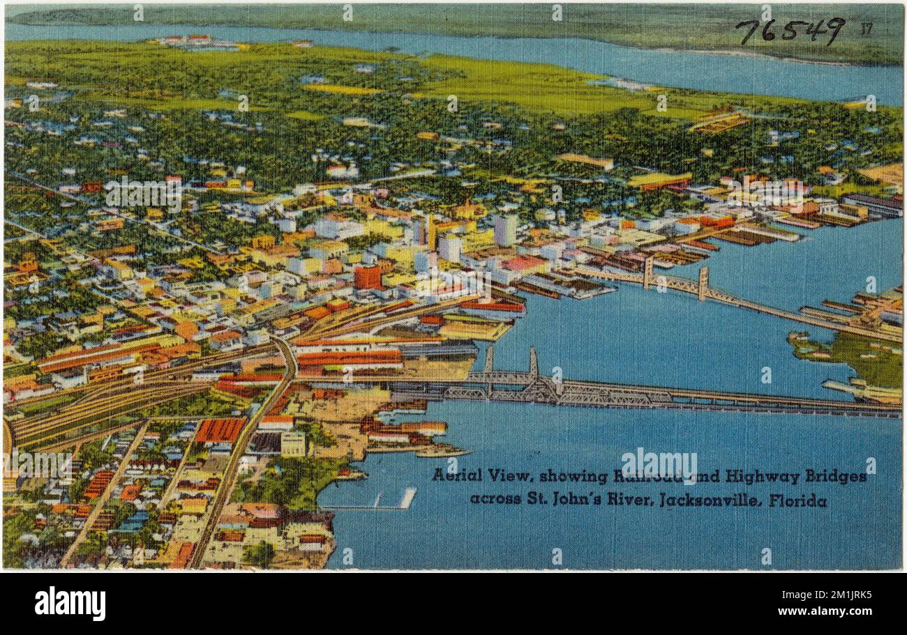 Aerial view, showing railroad and highway bridges across St. John's ...