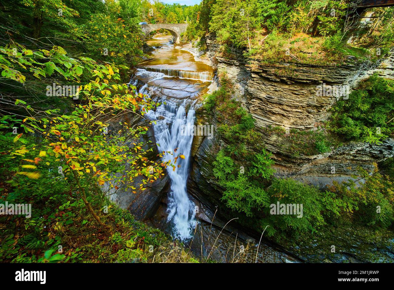 Waterfall dropping into deep gorge surrounded by forest and stone ...