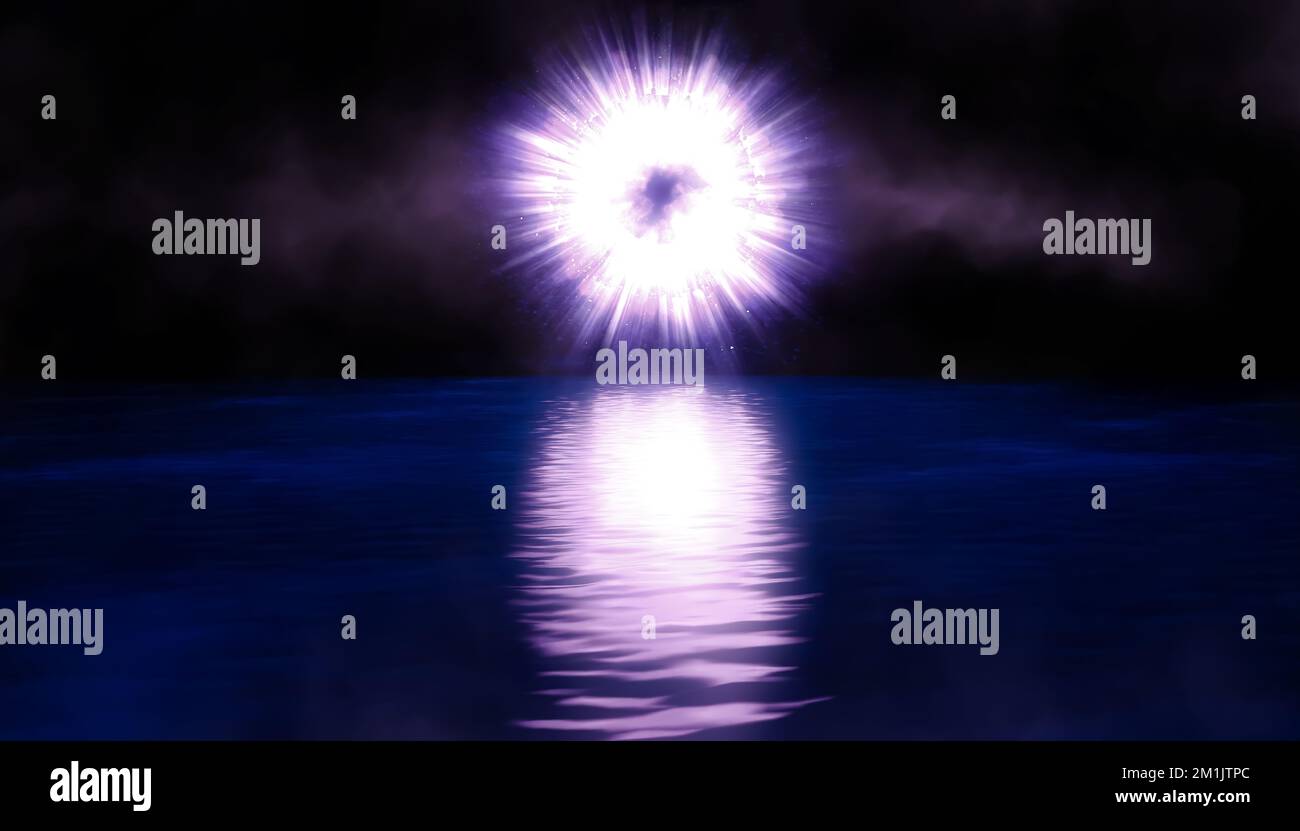 Reflection on water with bright glowing circle at night. 3d Rendering ...