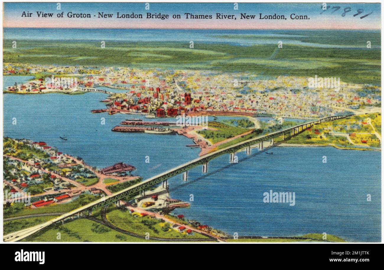 Air view of Groton - New London Bridge on Thames River, New London ...
