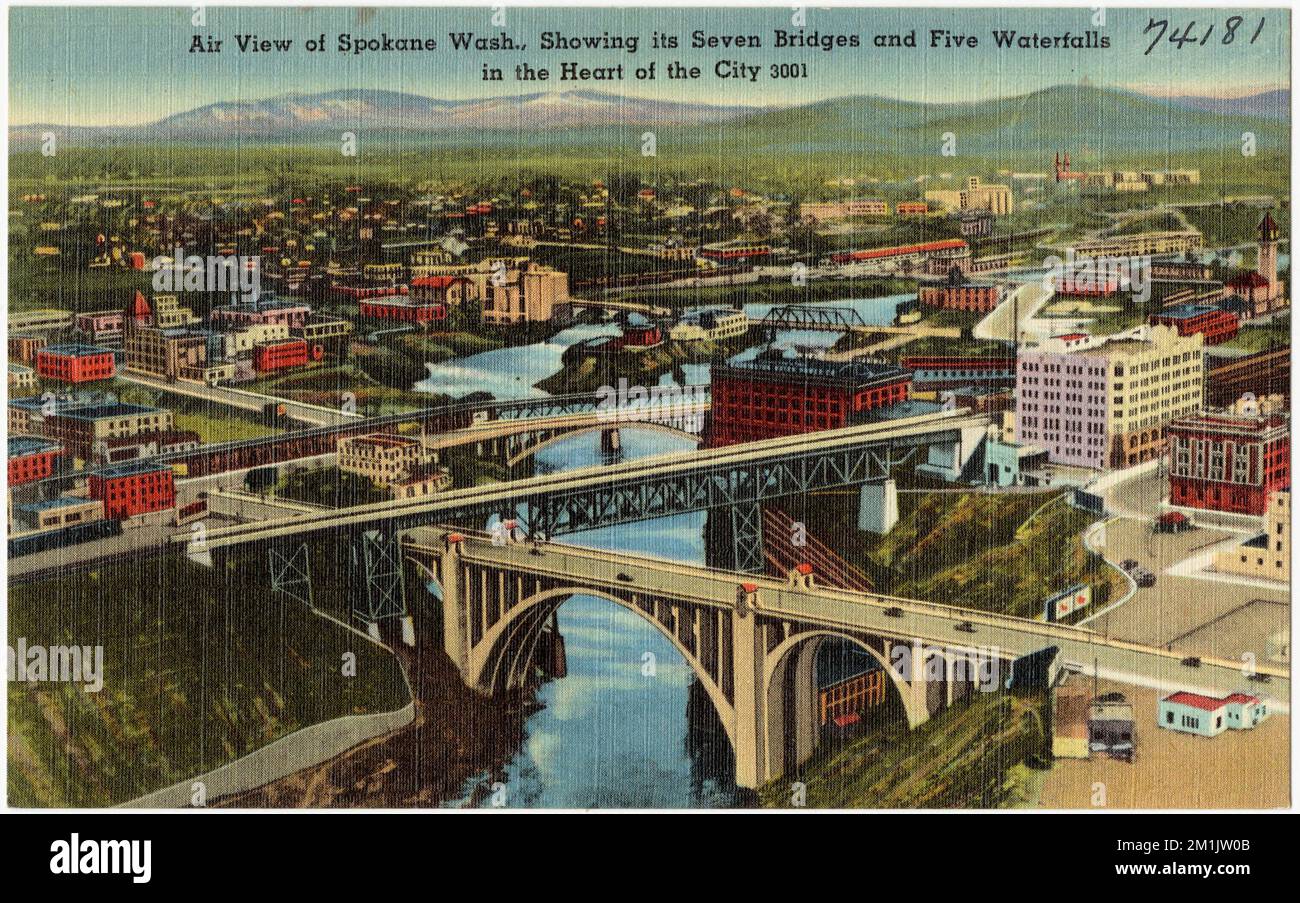 Air view of Spokane Wash., showing its seven bridges and five ...