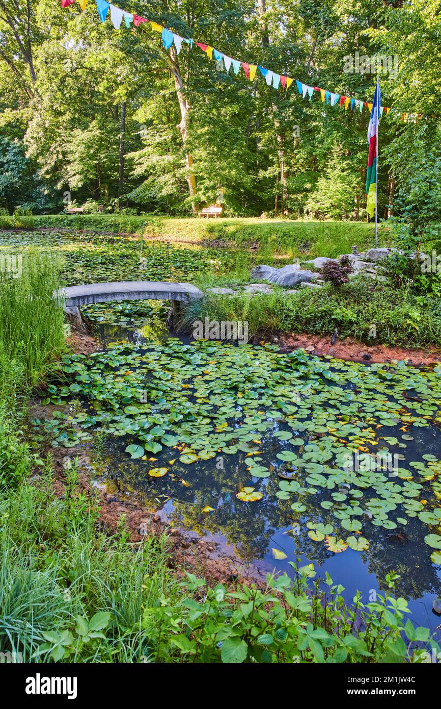 Lily pond in Tibetan Mongolian Buddhist temple with prayer flags and ...