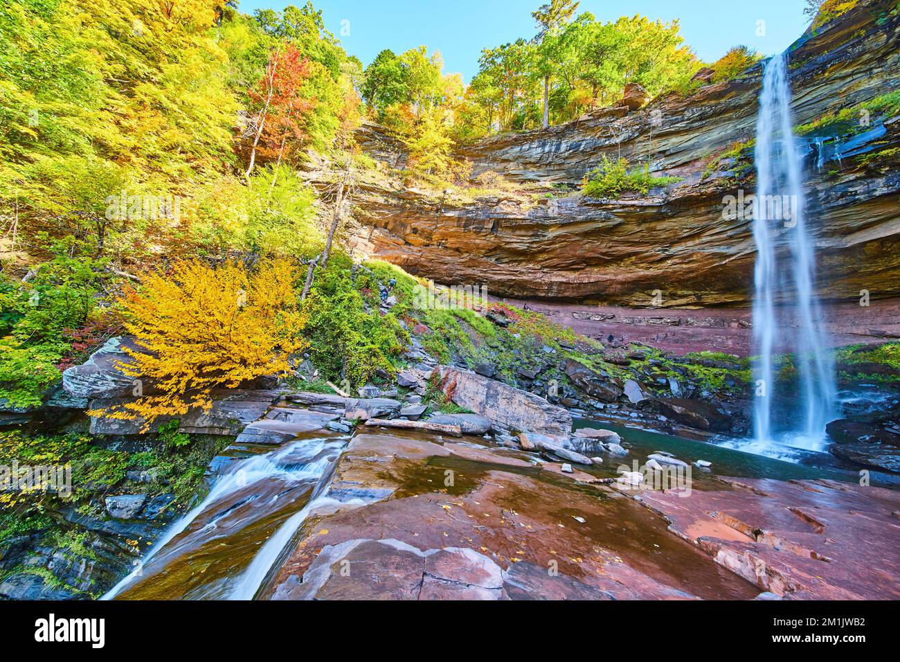 Layered cliffs and peak fall foliage surround stunning large waterfall ...