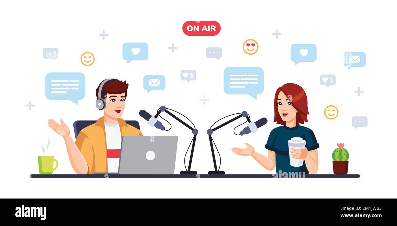 Podcast concept. Podcasters man and woman talking to microphones ...