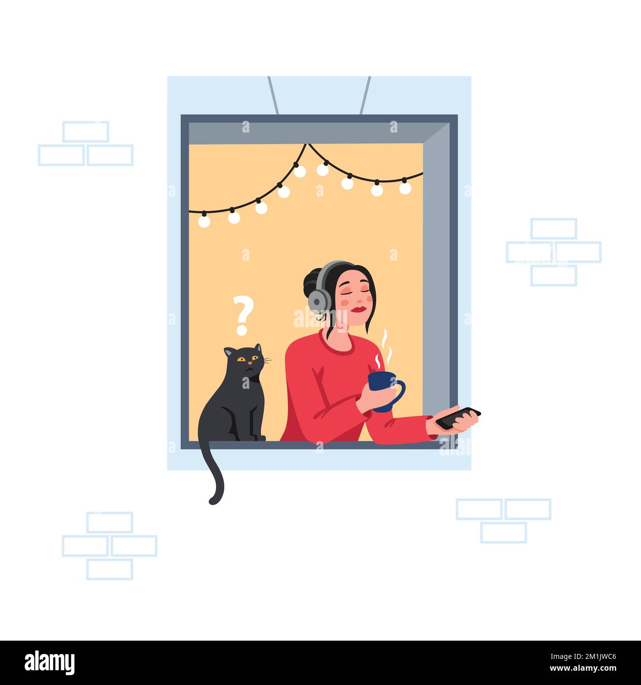 A girl with cup of coffee in the window listens to music, podcast ...