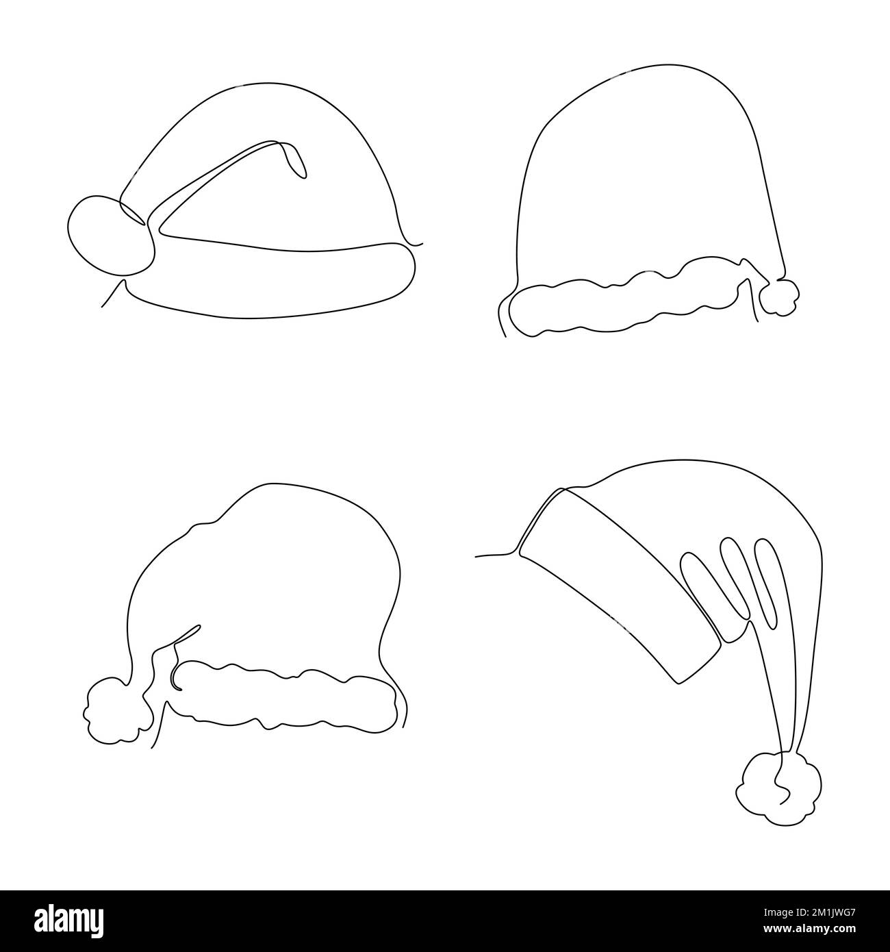 Set of One continuous line Santa Claus Hat. Thin Line Illustration ...