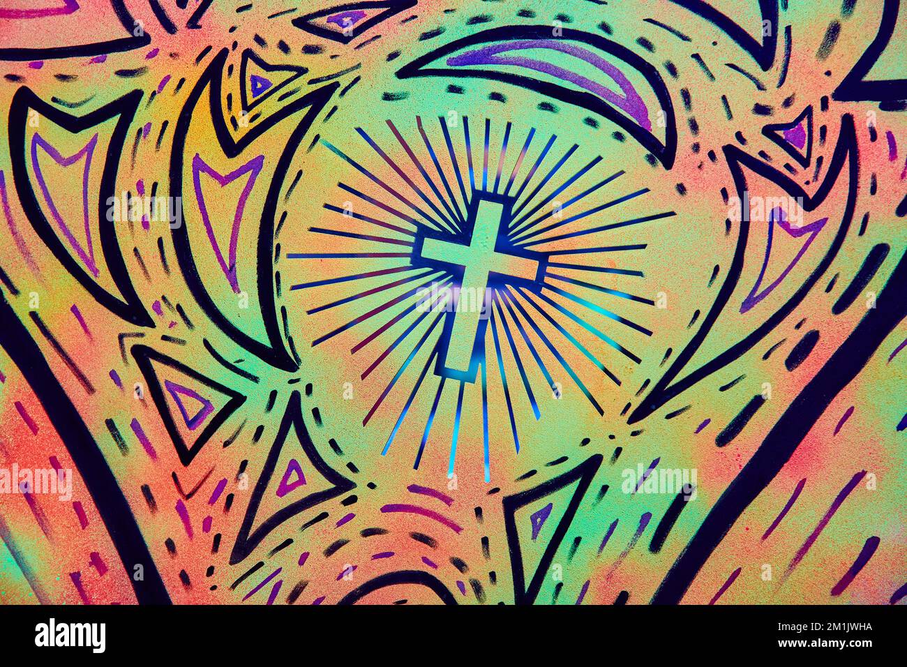 Vibrant cross Christianity artwork in black and colorful glowing wall ...