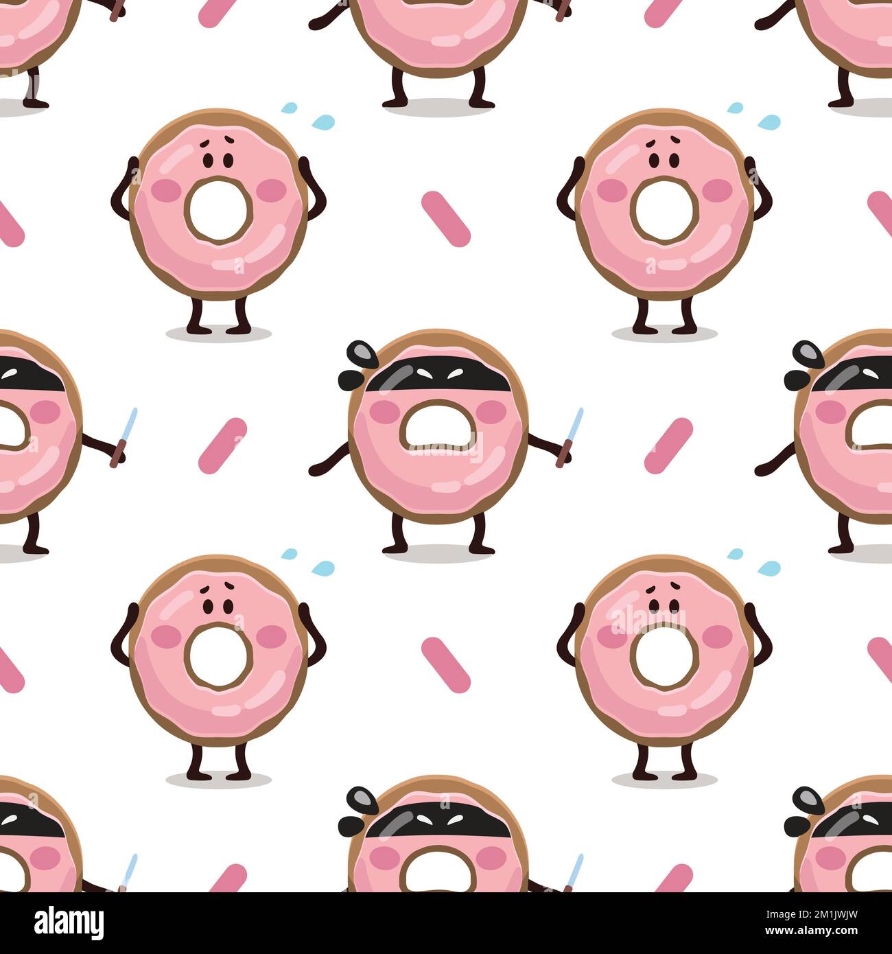 Donut robber with knife and scared donut seamless pattern. Pink ...