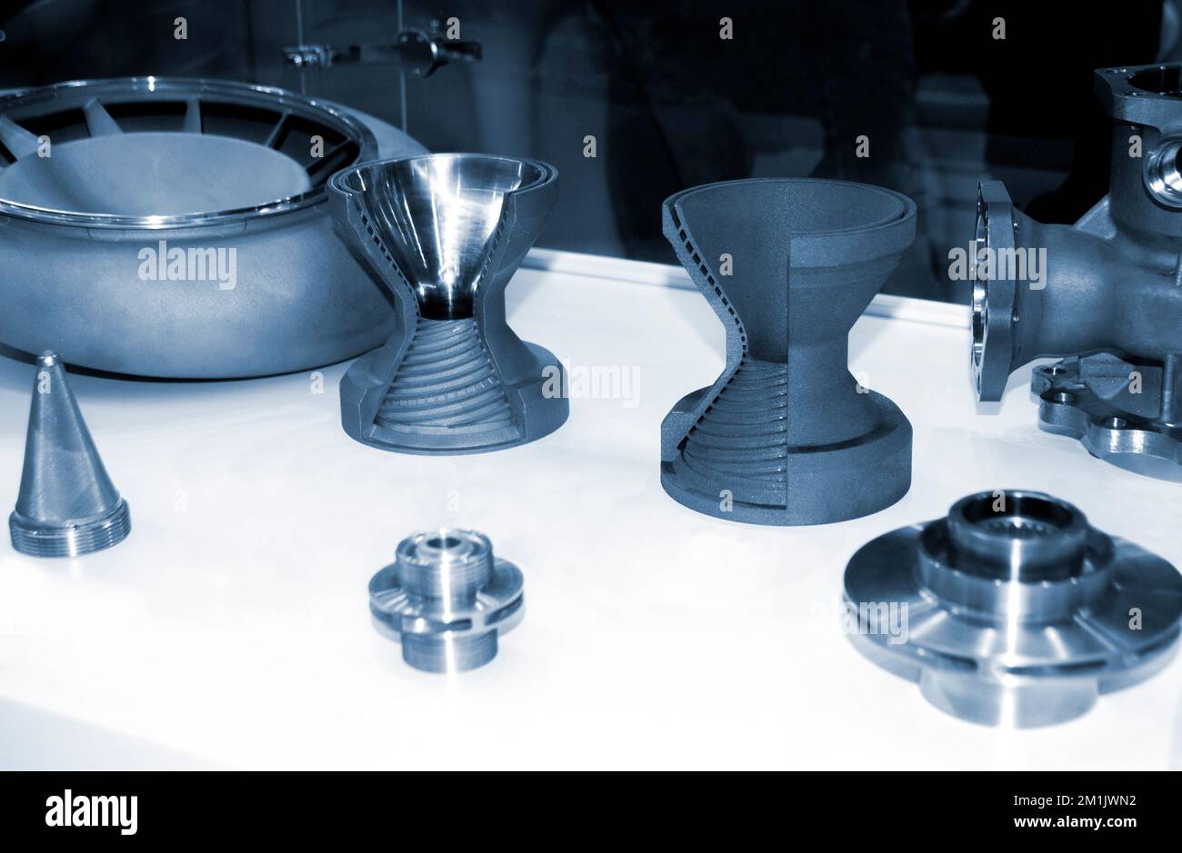 Objects printed on 3D printer for metal. Close-up view of models ...