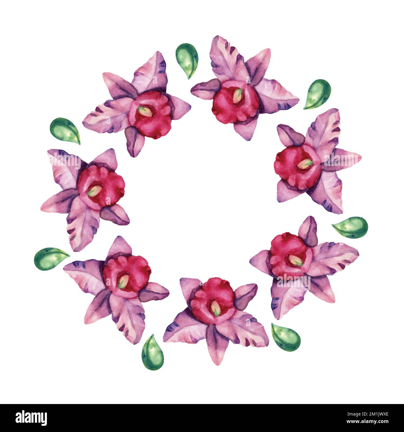 Orchid wreath, round frame. Floral design template with watercolor ...