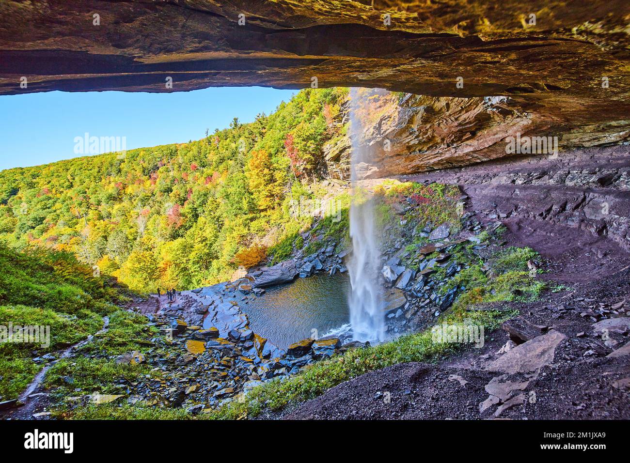 Behind huge waterfall tucked into cliffs with open view of fall forest ...