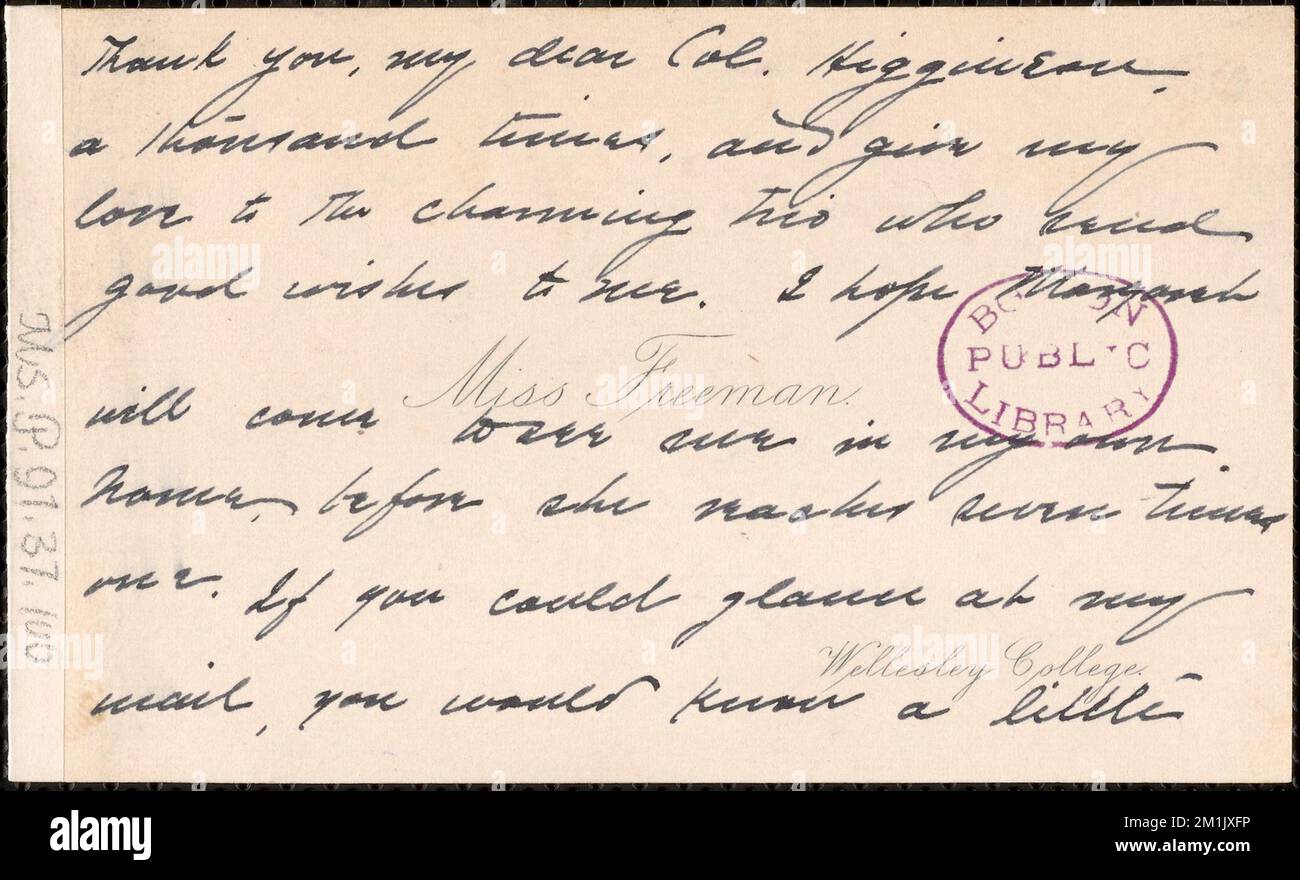 Alice Freeman Palmer autograph note signed (calling card) to Thomas ...