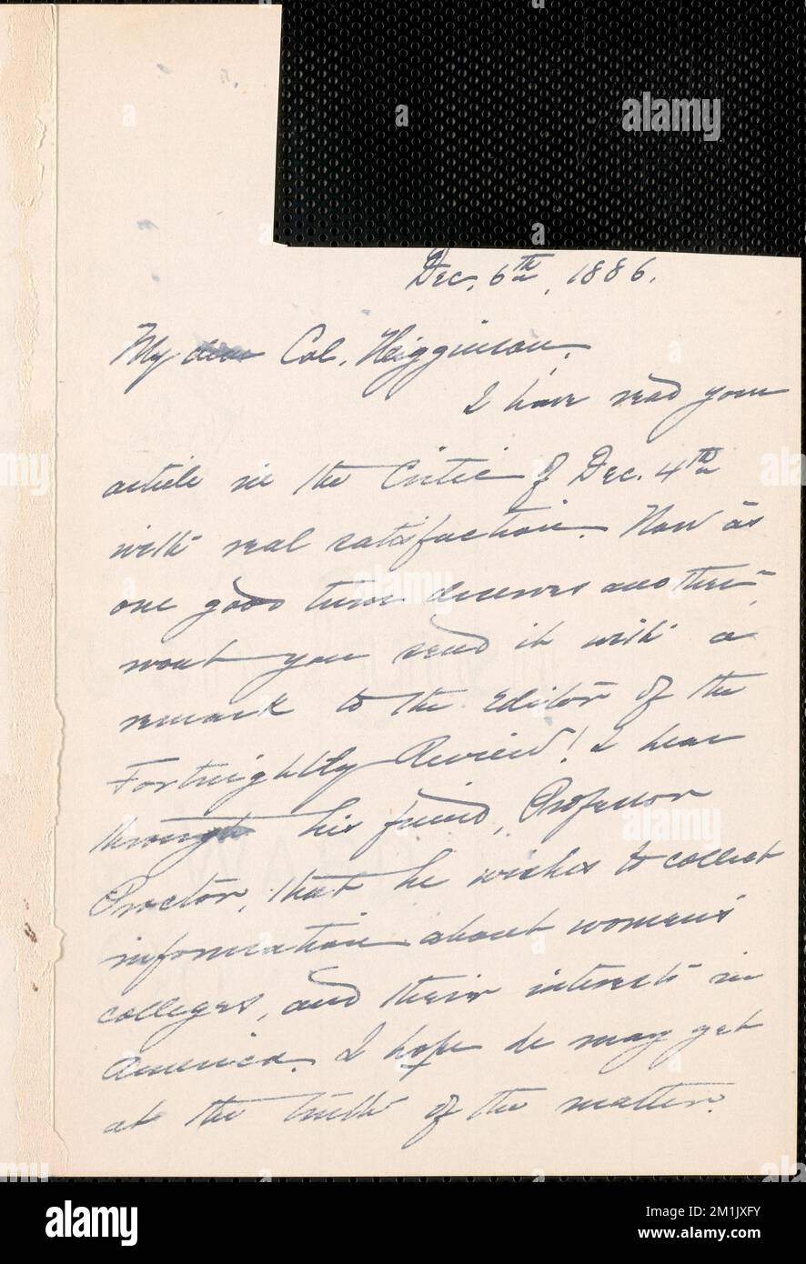 Alice Freeman Palmer autograph letter signed to Thomas Wentworth ...