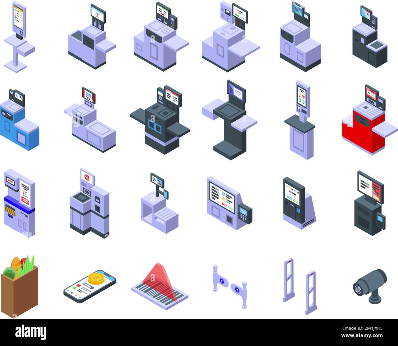 Self-service at the checkout icons set isometric vector. Supermarket cash. Scan terminal Stock ...