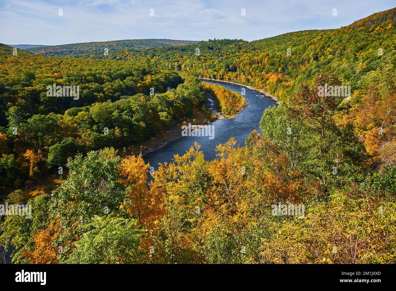 Beautiful Delaware River winding through lush green forest in early ...