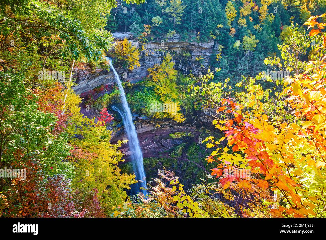 Huge waterfall over cliffs surrounded by fall foliage in New York Stock ...