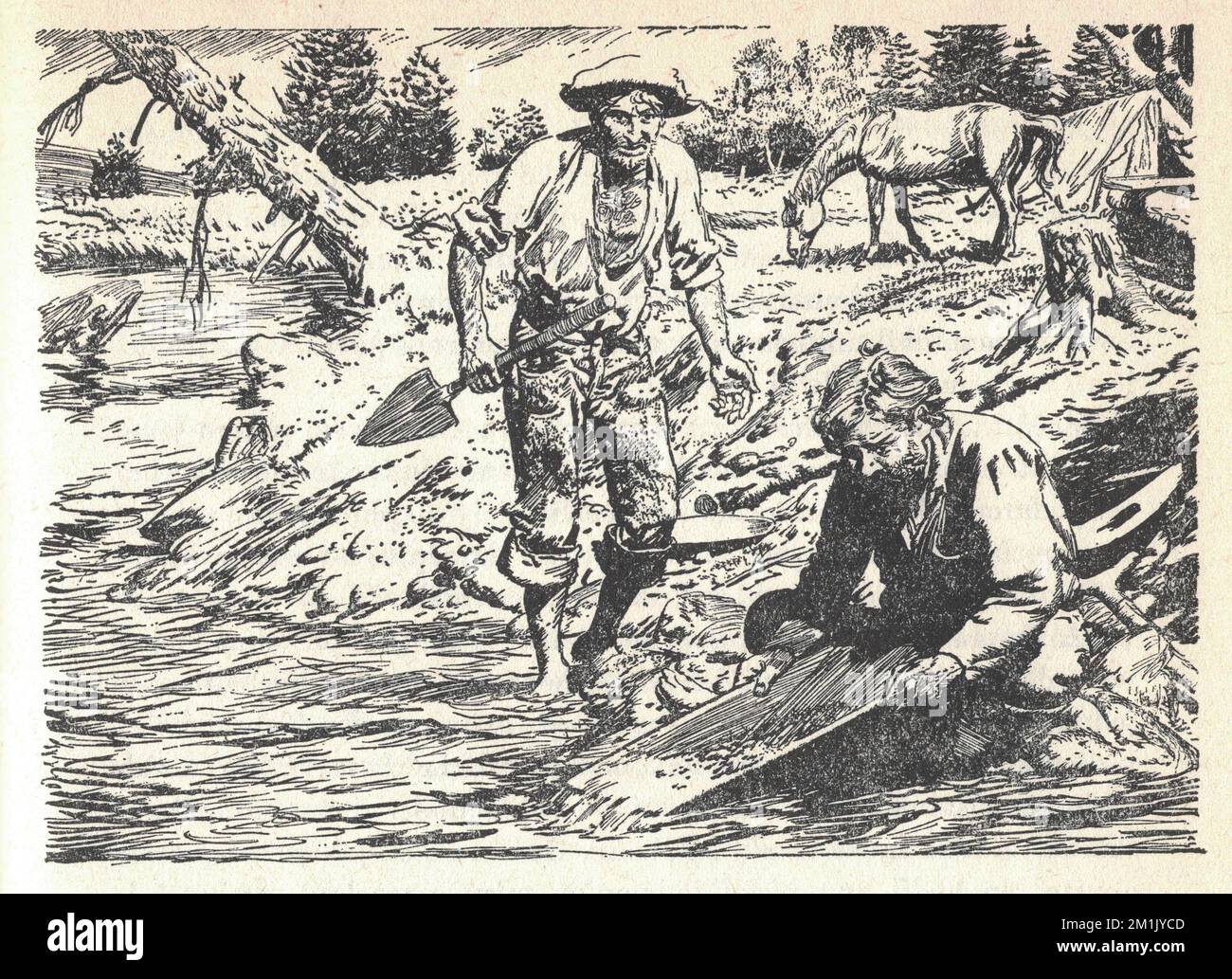 Men pan for gold in the river. Gold Diggers and the Gold Rush. Old ...