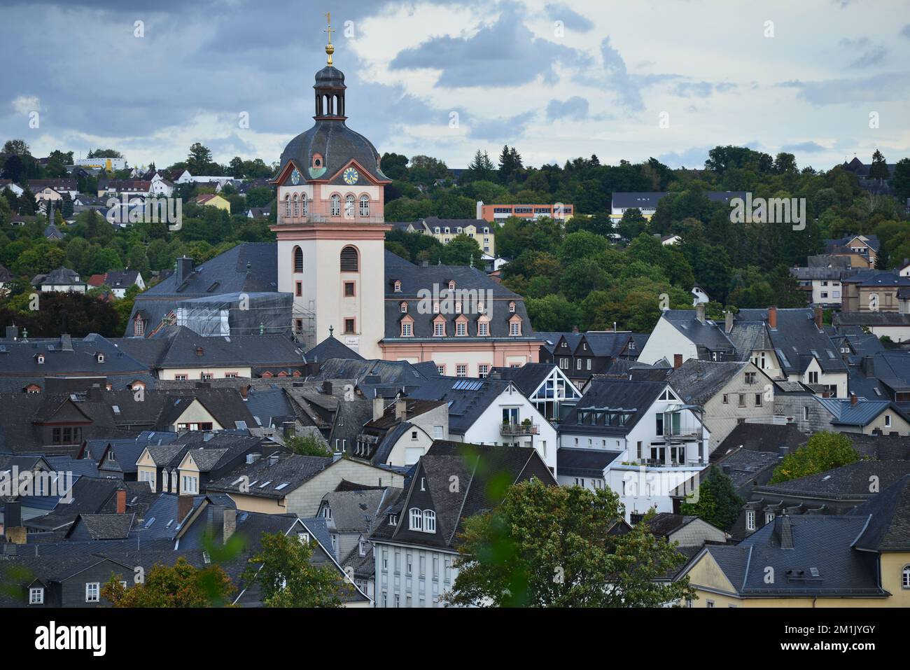 An aerial view of cityscape Weilburg surrounded by buildings Stock ...