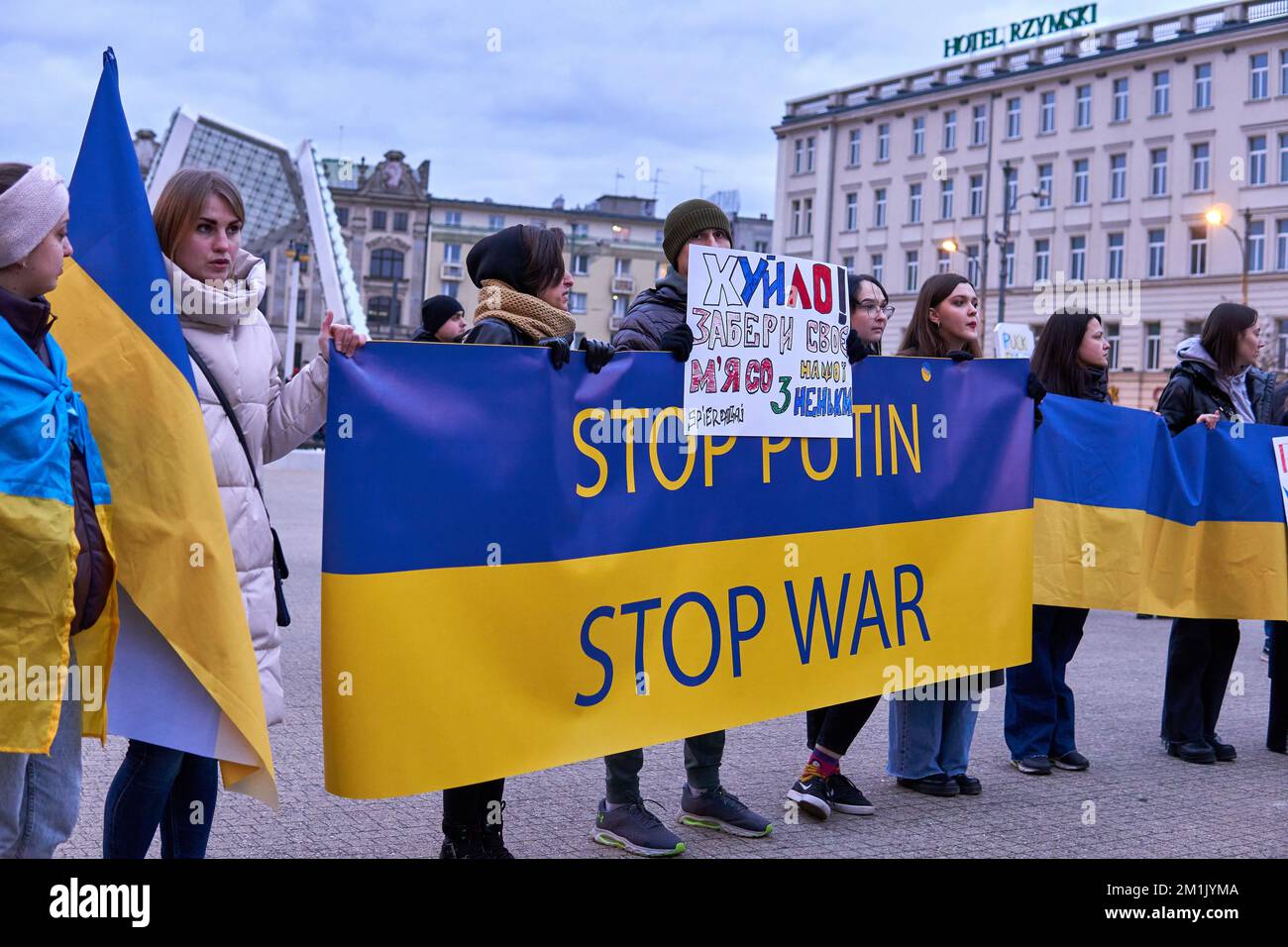 An aerial view of people during Anti Ukraine war protest in Poznan ...