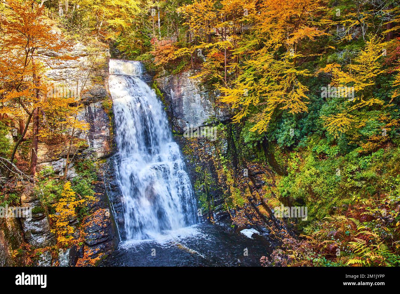 Fall foliage surrounds and covers cliffs around raging waterfall into ...