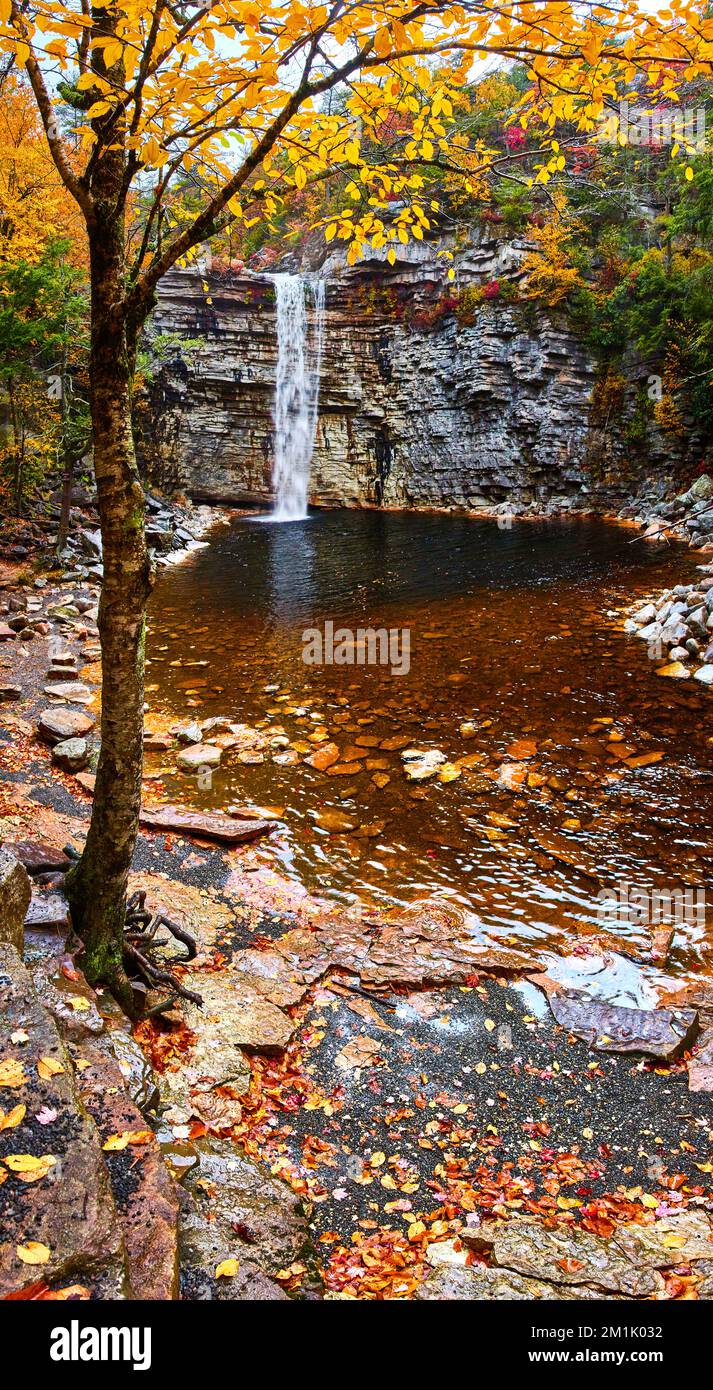 Fall vibes in forest with large waterfall going over cliff edge Stock ...