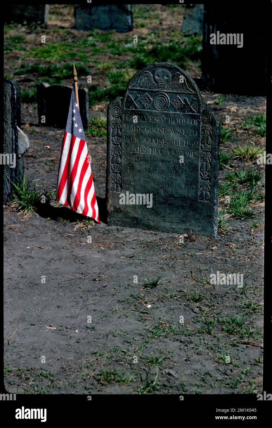 American flag next to headstone of Mary Goose, Granary Burying Ground ...