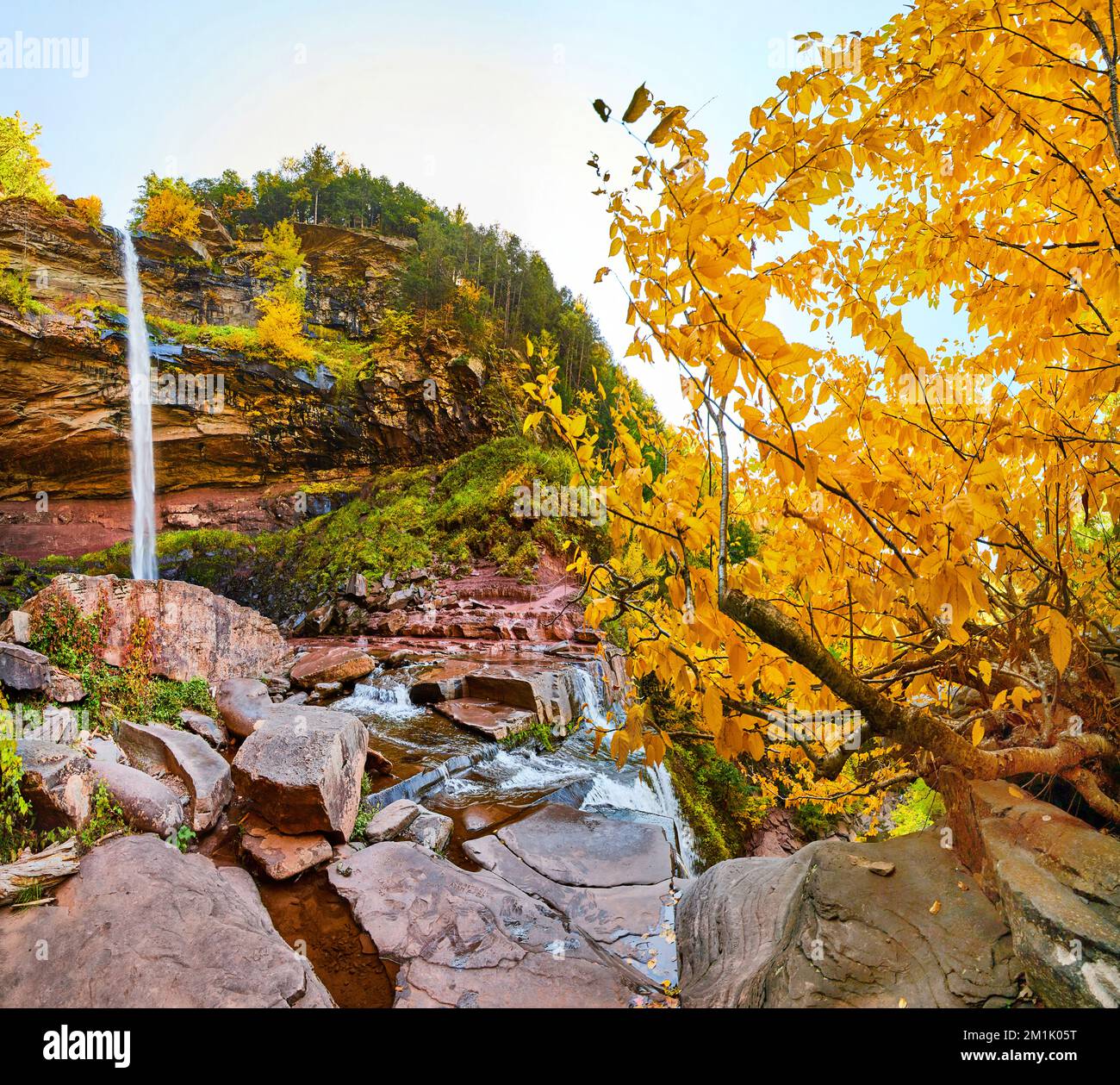Waterfall wide angle from below over multiple cliff edge with huge ...